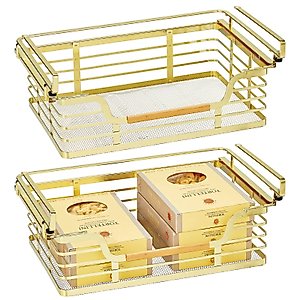 mDesign Metal Wire Wide Under Shelf Storage Baskets for Kitchen Pantry, Closet, Hanging Pull Out Shelving Bin, Sliding Hanger Rack for Bread, Canned Goods, Food, 2 Pack, Soft Brass/Natural
