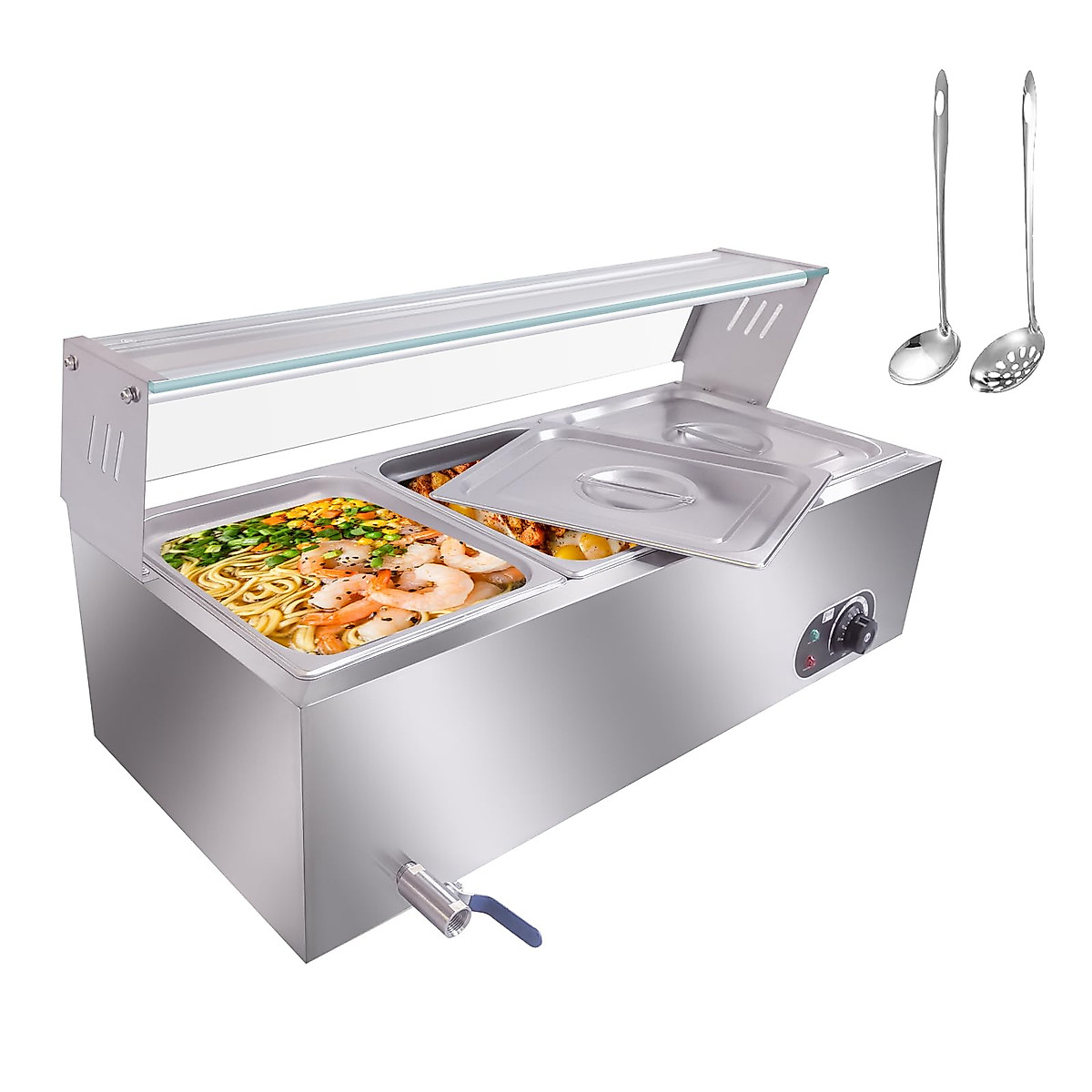 Petyee 3-Pan Commercial Food Warmer, 36 Qt Electric Bain Marie with 6" Deep Pans,Steam Table with Tempered Glass Cover, 1500W Countertop Stainless Steel Buffet Bain Marie 86-185°F Temp Control