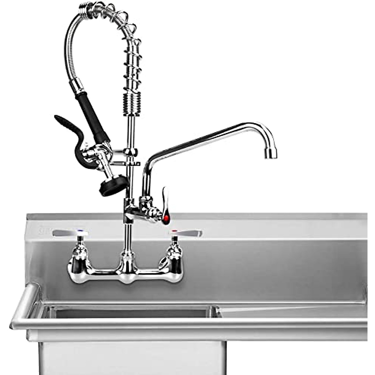 TBER Commercial Kitchen Faucet 8 Inch Center Wall Mount Sink Faucet for Restaurant Industrial 25" Height 12" Swivel Spout Pre-Rinse Sprayer Faucet for Compartment Sinks