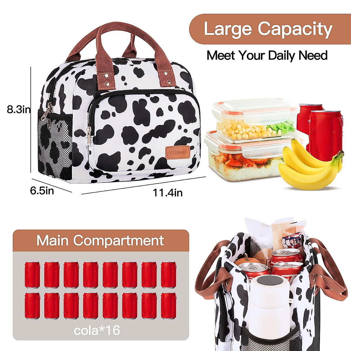 Yotrone Lunch Bag Women, Insulated Lunch Box Lunch Bag for Women Men Adult Work, Cute Lunch Tote Bag Large Capacity Reusable Cooler Lunch Containers for Travel Picnic or Office(Cow)