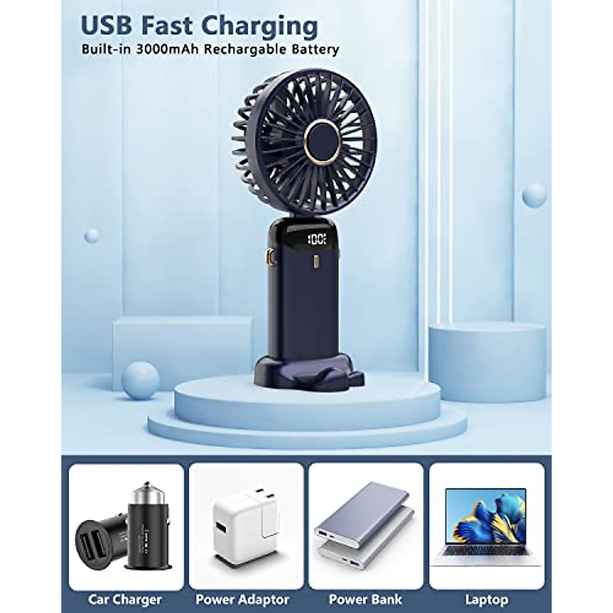 JANREAY Mini Handheld Fan, USB Desk Fan, Small Personal Portable Table Fan 5 Speed with USB Rechargeable Battery Operated Cooling Folding Electric Fan for Travel Office Room Household (Blue)…