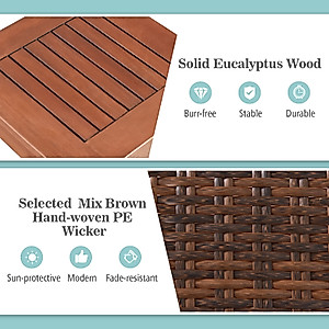 RELAX4LIFE 3-Pieces Porch Bistro Set - Outdoor Eucalyptus Wood Patio Furniture Set with Coffee Table, Outside Rattan Chairs for Poolside, Balcony, Garden, Deck, Hand-Woven PE Wicker Conversation Set