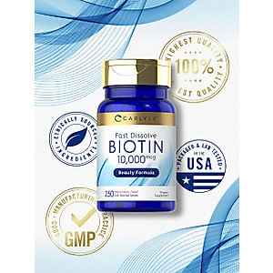 Carlyle Biotin 10000mcg | 250 Fast Dissolve Tablets | Max Strength | Vegetarian, Non-GMO, Gluten Free Supplement