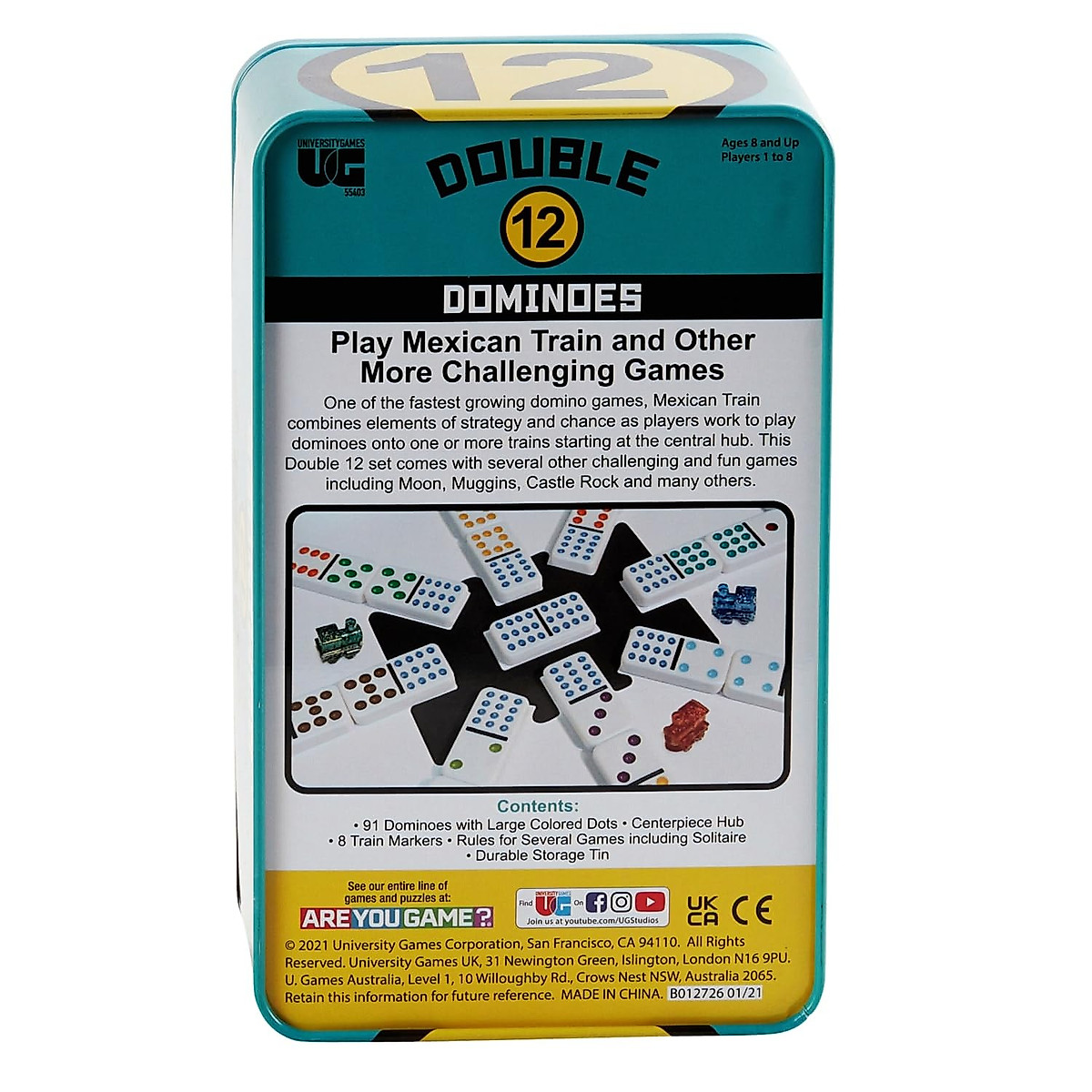 Front Porch Classics | Double 12 Colored Dot Dominoes Set On-The-Go Travel Storage Tin, 2 to 8 Players Ages 8 to 99