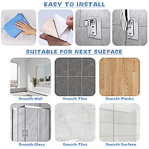 Shower Head Holder,Strong Adhesive Shower Holder,Adjustable Shower Wand Holder with 2 Hanger Hooks,Handheld Shower Head Wall Mount Bracket,Shower Holder Adapter for Bathing,Bathroom,No Drill Need