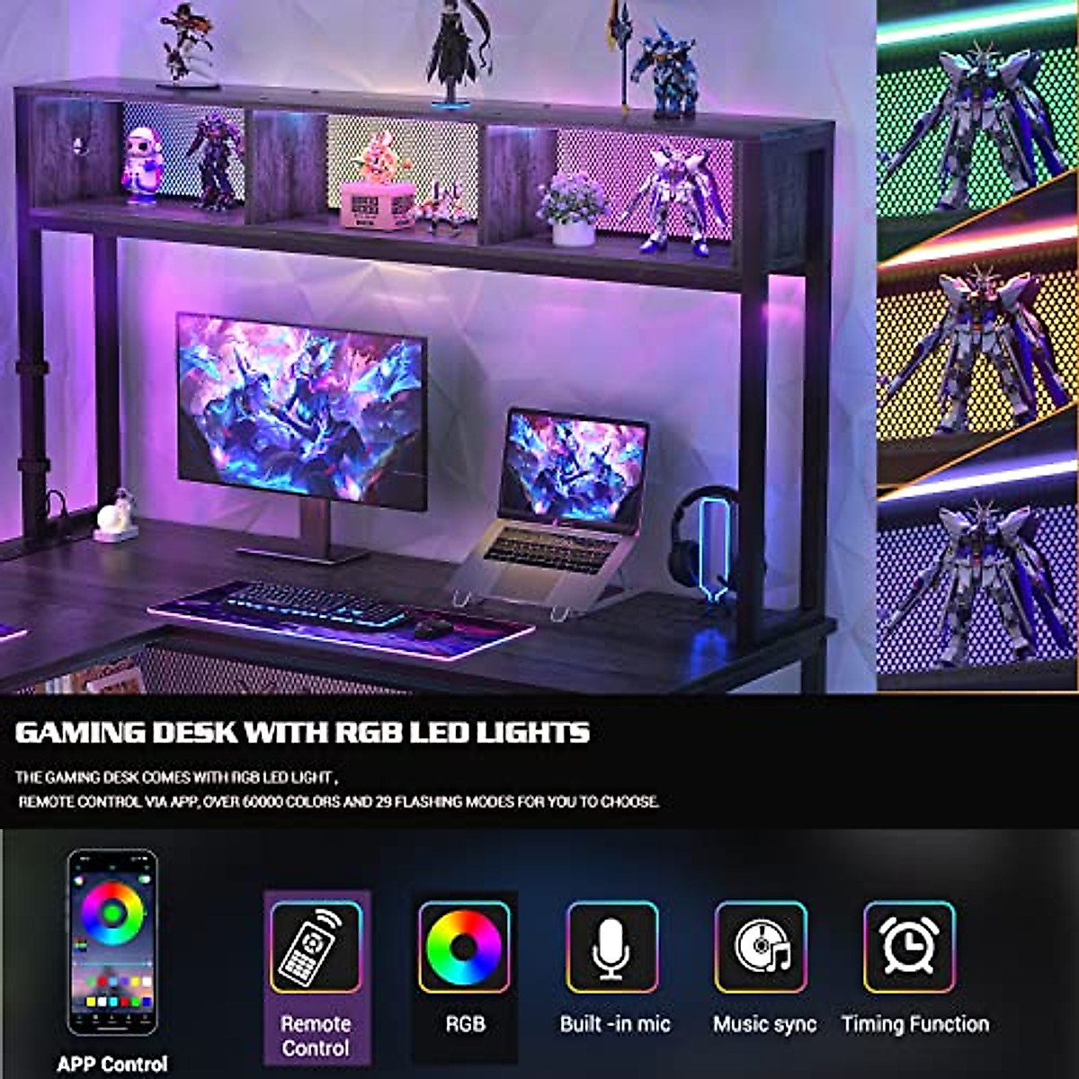 Unikito L Shaped Computer Desk with LED Strip and Power Outlets, Reversible L-Shaped Corner Desk with Storage Shelves and Bag, Industrial Home Office Desk Gaming Table with USB Port, Black Oak