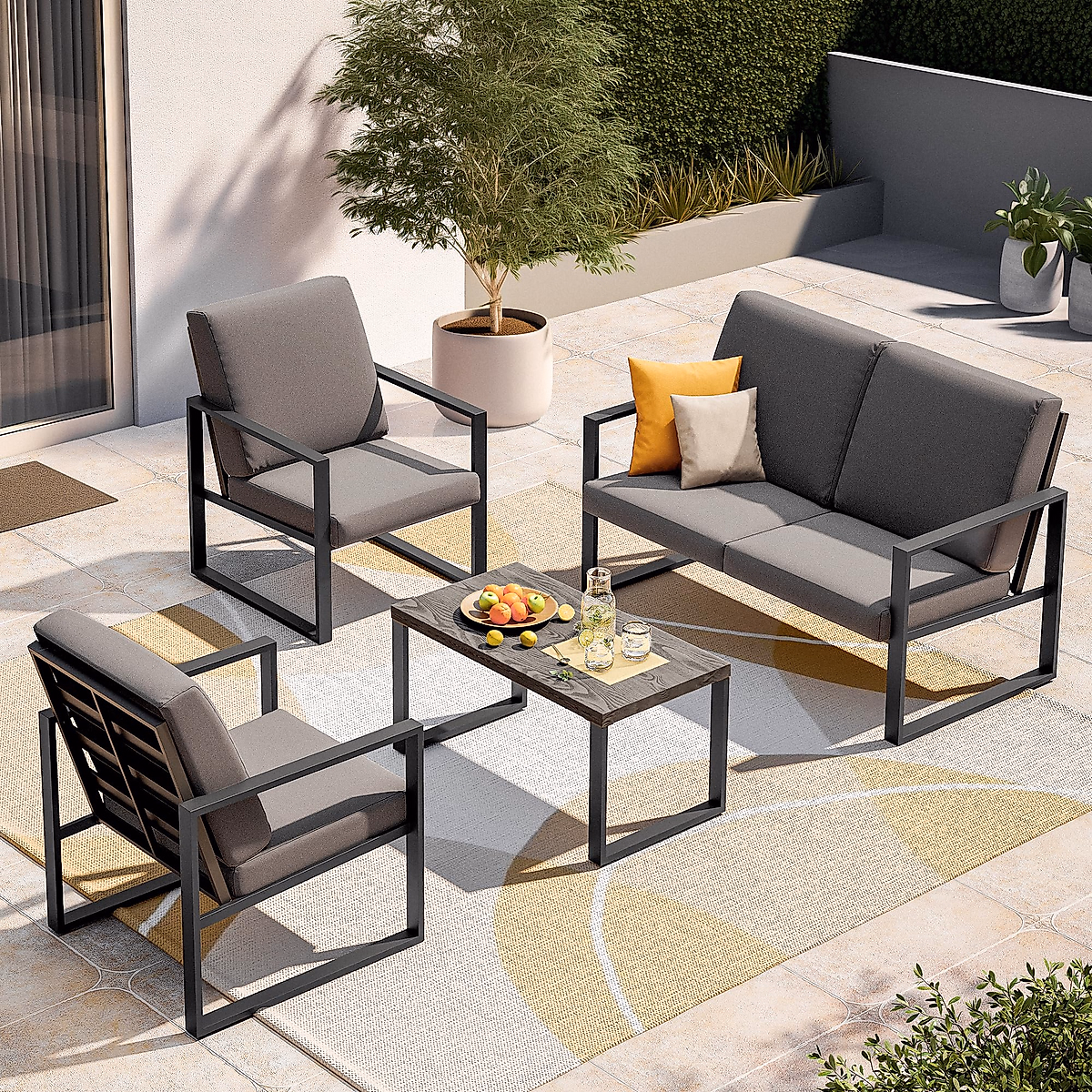 LAUSAINT HOME Patio Furniture Set, 4 Pcs Modern Outdoor Conversation Set with Table, Outdoor Metal Sectional Sofa with 6‘’ Removable Sponge Cushions, Adjustable Foot for Patio, Porch, Backyard, Pool