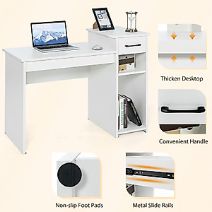 Tangkula White Desk with Storage Drawer & Shelves, Compact Desk for Small Space, Modern Wooden Study Desk Writing Desk with Storage Drawer & Compartments, PC Laptop Desk Small Desk for Bedroom
