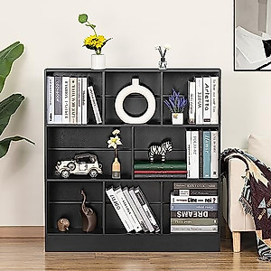 YAHARBO Black Wide Bookshelf,3 Tier Modern Horizontal Bookcase,Wood Low Bookshelves Display Storage Cabinet with Base,Floor Standing 8 Cube Large Bookcases Organizer for Bedroom,Living Room,Office