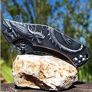 2PCS Set Pocket Folding Knife for Men, 3D DRAGON & WOLF Relief, Embossed Edc Knife For Men Outdoor Survival Camping Hiking hunting