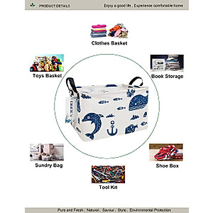 ONOEV Rectangular Folding Laundry Basket, Canvas Basket,Nersury Hamper,Suitable for Children,Office,Bedroom,Clothes,Toys Storage (Blue Whale), 14.9L x10.2Wx9.05H''