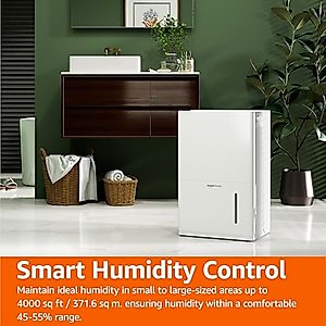 Amazon Basics Large Dehumidifier for Basements, Bathroom, up to 4000 SFT, 50 Pint, Energy Star Certified, Timer, Auto-Defrost, Overflow Protection, White