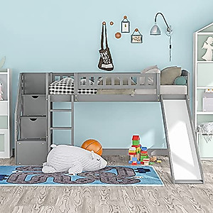 HABUHOME Twin Size Low Loft Bed with Convertible Slide, Stairs with Two Drawers, Stairway Loftbed Frame, for Kids Boys Girls, Gray