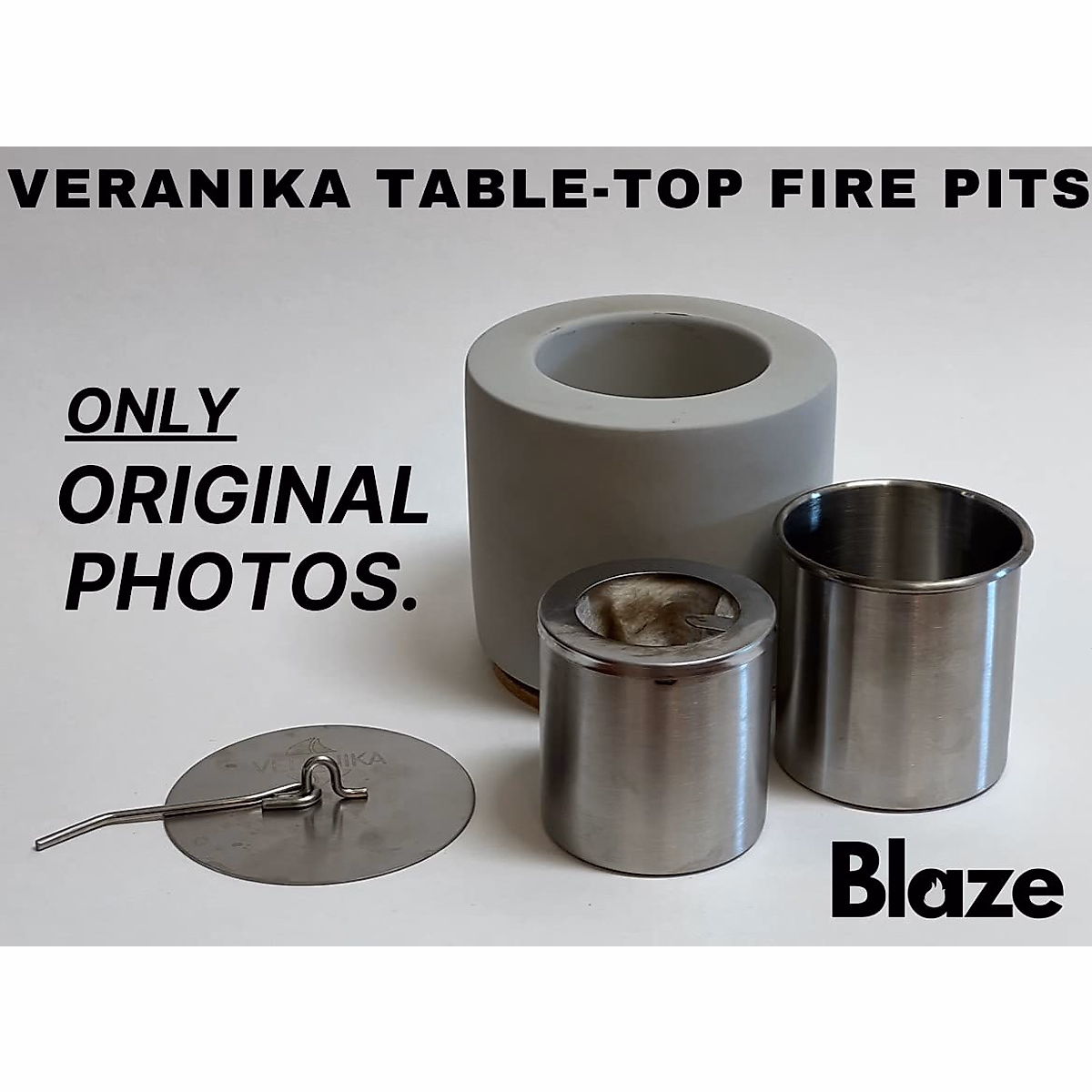 Blaze Tabletop Firepit Small Round Concrete Portable Fire Bowl Fireplace in Light Grey with Cork Mat, Cover Included - Perfect for Outdoor Patio, Indoor Patio, Garden & Lawn Décor, Patio & Room Décor.