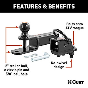 CURT 45038 3-in-1 UTV, ATV Trailer Hitch Mount with 2-Inch Receiver Adapter, 2-Inch Ball, Clevis Pin, 5/8-Inch Hole, Gloss Black Powder Coat