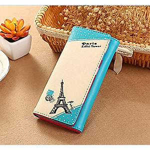Paris Effiel Tower Cartoon PU Leather Wallet Cash Coin Long Purse Card Holder for Women & Girls (Blue)