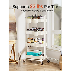 Pipishell 4-Tier Rolling Cart, Utility Cart with Lockable Casters, PP Plastic Storage Baskets, Hanging Cups & Hooks, Rolling Cart for Living Room, Bedroom, Kitchen, Bathroom, Art Studio(White)