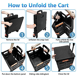 FELICON SELORSS Foldable Utility Cart Folding Portable Rolling Crate Handcart with Heavy Duty Telescoping Handle Collapsible 4 Rotate Wheels for Travel Shopping Move Luggage Office Use(Black+Black)