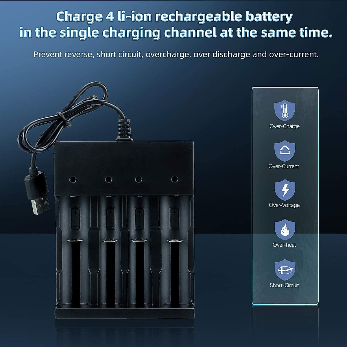4pcs 1￵8￵6￵50 R￵echargeable Batter￵y W￵i￵th 18￵￵6￵￵5￵0 Battery Charger 4 Bay Universal Charger Tool for Rechargeable 3.7V Li-ion Batteries