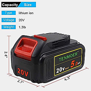 TENMOER 2 Pack 5.0Ah Compatible with Dewalt 20V 5.0Ah Battery Replacement for Dewalt 20V Batteries Power Tools