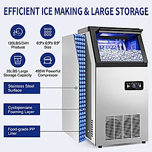 Commercial Ice Maker Machine 120Lbs/24H with 35Lbs Ice Capacity, 45Pcs Clear Ice Cubes Ready in 11-20Mins, Stainless Steel Under Counter Freestanding Large Ice Machine, 2 Water Inlet Modes