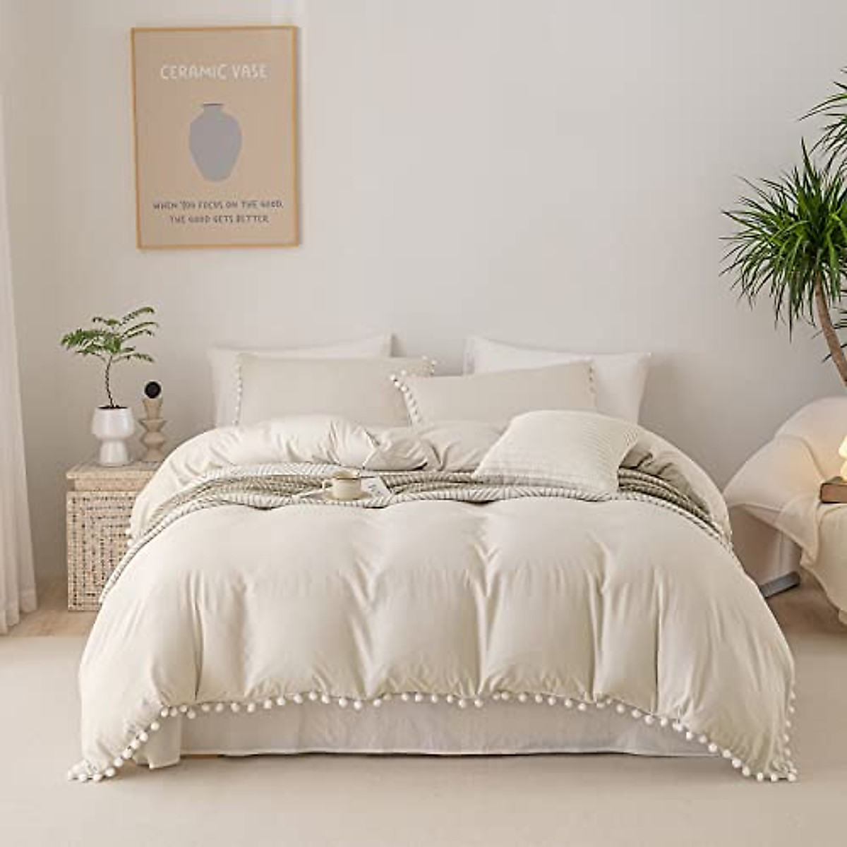 Bedbay Boho Comforter Queen Size Beige Comforter Set Ultra Soft Lightweight Queen Bed Comforter Set 3 Pcs Farmhouse Bedding for All Season(Beige,Queen)