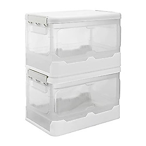 EZOWare 16 Quart Folding Plastic Storage Latch Box Basket with Lids, Stackable Lidded Organizer Container Bins - Set of 2, White / Clear