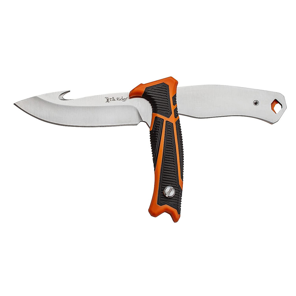 Elk Ridge - Outdoors -TREK - Interchangeable Fixed Blade Knife, Drop Point and Gut Hook Blades, Orange and Black TPR Handle, Injection Molded Sheath with Ferro Rod and Sharpener - ER-TKFIX001