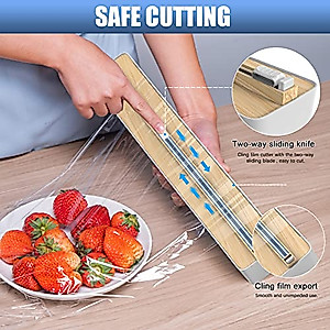 leQuiven Plastic Wrap Dispenser with Slide Cutter, Reusable Cling Film Dispenser, Double Elastic Buckle Adjustable Length for Aluminum foil, 1 Roll Plastic Food Wrap Included (Bamboo Wood Pattern)