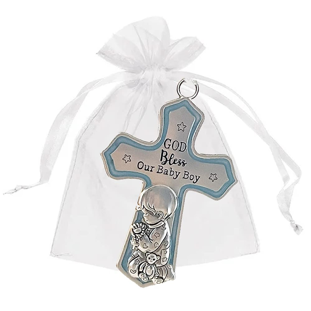 Ganz U.S.A., LLC Ornate Crib Cross Decor with White Ribbon Baby Boy for Baptism, Christening, Baby Shower God Bless Our Baby Boy
