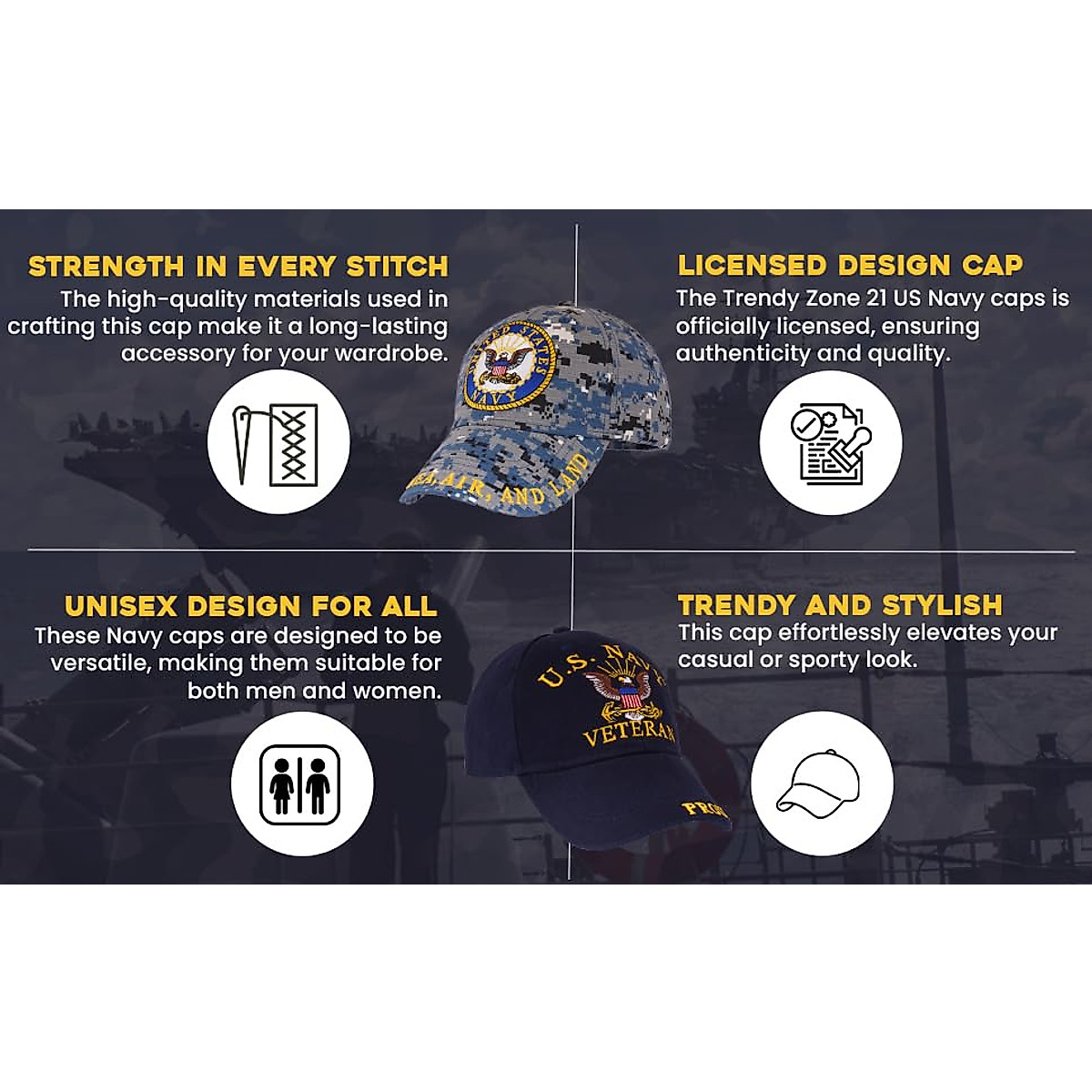 Trendy Zone 21 US Navy Veteran Hat for Men and Women, Officially Licensed Product | United States Navy (USN) | Ideal for Gifting | Navy Blue