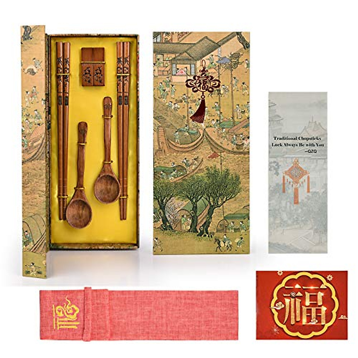 Chopsticks Chinese Reusable Wooden Chopsticks Spoon with Holder&Reusable Chopsticks Portable Cloth Bag Traditional Stylish Gift Set (Panda)