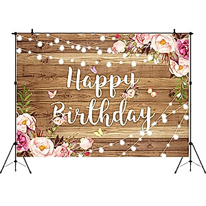 Aperturee 7x5ft Pink Floral Happy Birthday Backdrop Butterfly Wooden Floor Watercolor Flowers Girls Women Photography Background Banner Cake Table Supplies Party Decoration Photo Booth Props Banner