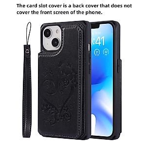 iCoverCase for iPhone 14 Plus Case with Card Holder, iPhone 14 Plus Wallet Case for Women with Strap [RFID Blocking] Embossed Leather Kickstand Phone Case for iPhone 14 Plus 6.7 Inch (Heart Black)