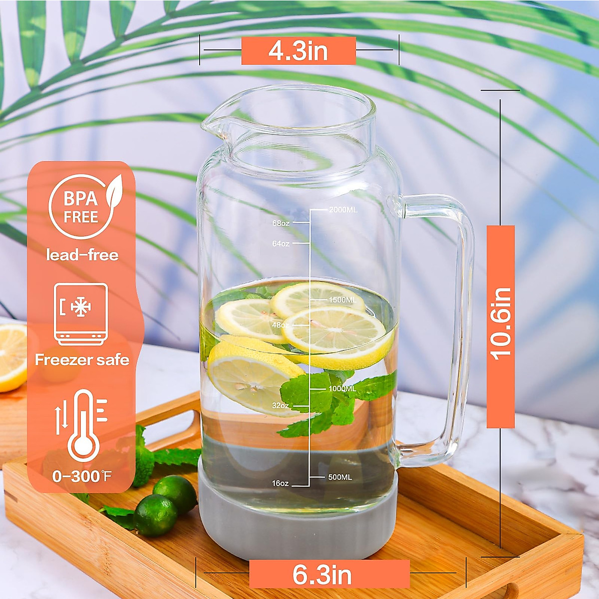 Glass Pitcher with Lid, 68oz Water Pitcher with Silicone Base and Precise Scale Line, Ice Tea Pitcher for Fridge, Anti-Slip and Easy to Clean, Glass Jug for Sun Tea Juice Coffee Milk Beverage (Gray)