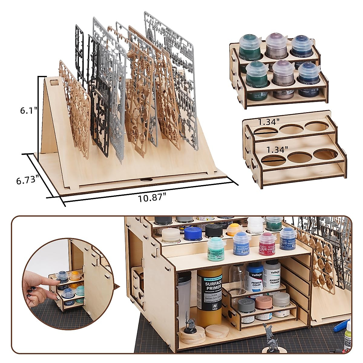 T TOGUSH Wooden Paint Organizer for 36 Holes of Citadel Paints and 36 Holes of Paint Brushes with Adjustable Storage wtih Model Pieces Shelf, Miniature Stands Holder Paint Rack for Miniature Paint Set