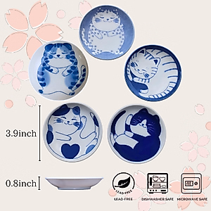 LOVE LOVE JAPAN: 5 Piece Set of Microwave & Dishwasher Safe Cat Design Small Plates - Perfect for Sushi & Desserts, Set of 5, Sprawled Cat