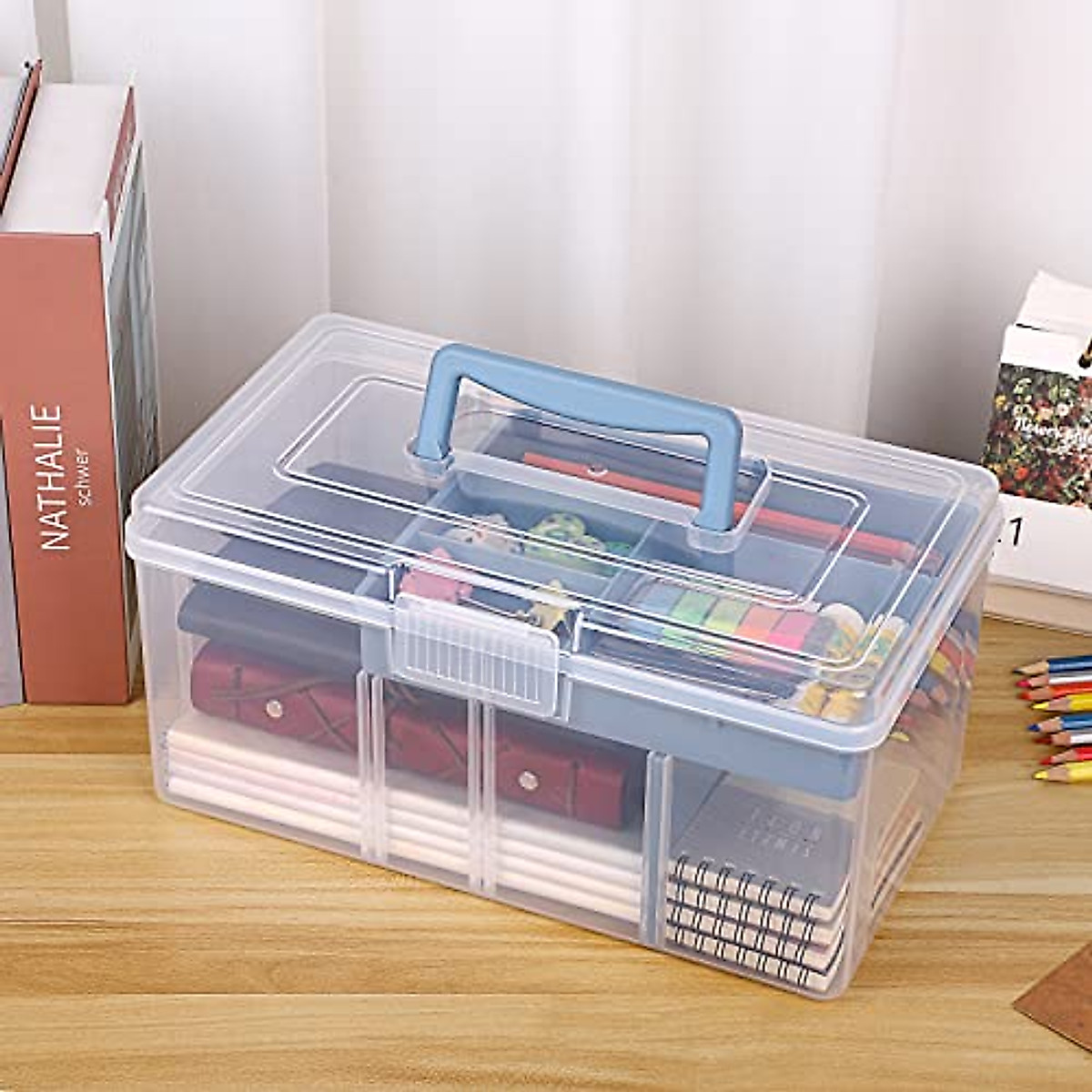 BTSKY 2 Layer Clear Plastic Dividing Storage Box with Removable Tray Multipurpose Stationery Storage Box with Handle Portable Sewing Box Art Craft Supply Organizer Home Utility Box (Big Blue)