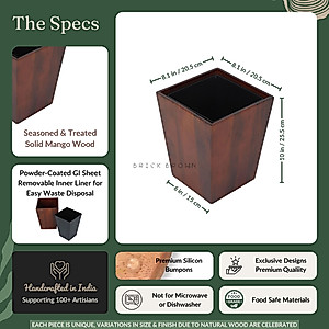 Brick Brown Premium Solid Wood Trashbin Multipurpose Furniture Basket for Home Living Room Office | Dustbin with Removal Metal Inner Liner from Mahogany Collection (Dwindle, 8x8x9.8 Inch)