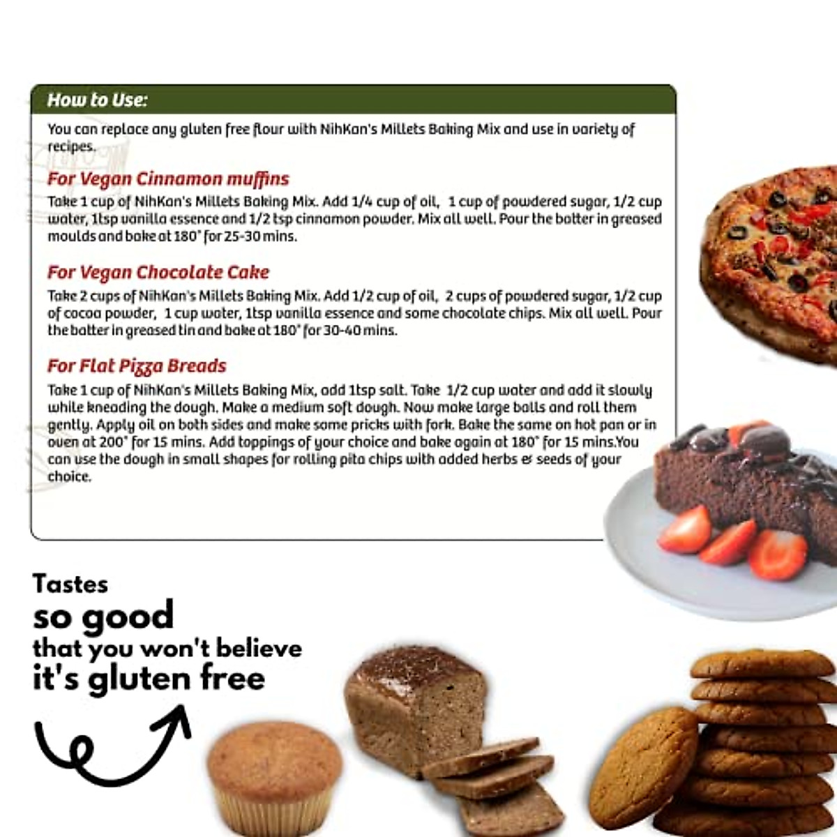 NIHKAN Gluten free Sprouted Millets Baking Mix Flour- 454g (16 Ounces) | Self Raising Flour for Multipurpose Baking needs of cakes, muffins, cookies and pizza | High protein & High Fibre