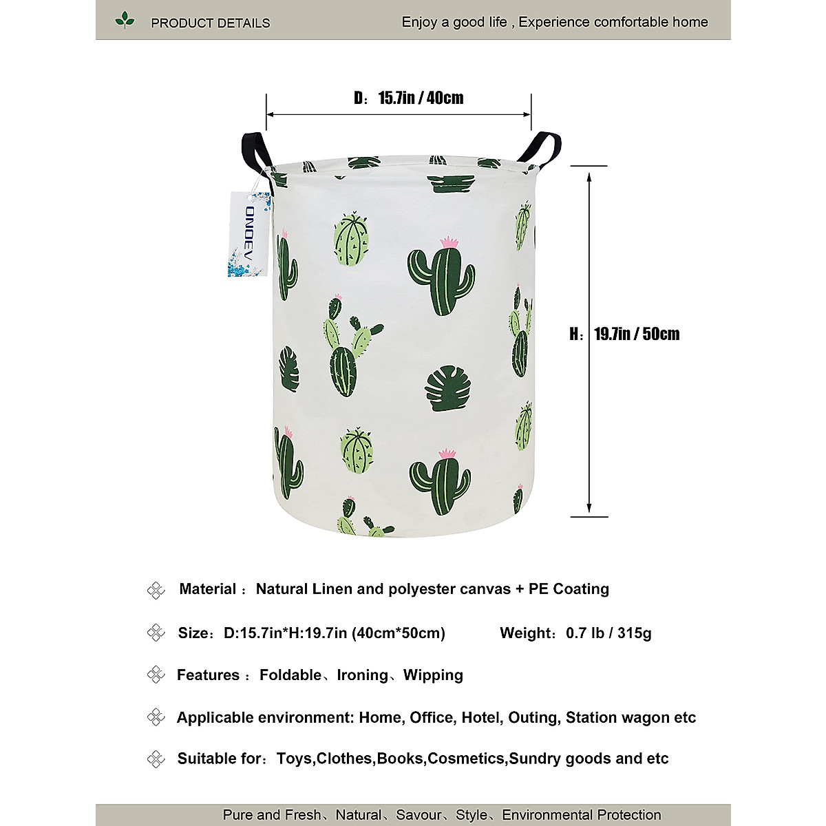 ONOEV Round Fabric Storage Bin,Decorative Basket,Organizer Basket with Handles,for Clothes Storage,books and sundries (Green Cactus), 19.7inch(H) x 15.7inch(D)