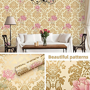 HOYOYO Self-Adhesive Shelf Liners Paper, Removable Self Adhesive Shelf Liner Dresser Drawer Wall Stickers Home Decoration, Gold Pink Flower 17.8 x 118 Inches