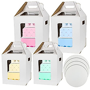 CAKINBOX Tall Cake Boxes with window and Cake Boards in 2 sizes 14x14x16 & 16x16x18 Tall Cake Carrier, Tiered Cake Box, Layer Cake Box, tier cake boxes, large cake box (PACK 4)