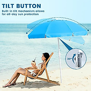 Beach Umbrella - 6.56FT Arc Length, 5.9FT Diameter Portable Beach Umbrellas for Sand Heavy Duty Wind with Air Vents, Adjustable Tilting Pole with 8 Ribs UV 50+ and Carry Bag