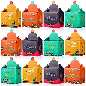 Eersida 12 Pcs Diwali Sweet Gift Boxes Happy Diwali Treat Gift Bags Party Favors Indian Festival of Lights Goodie Gable Boxes Decoration
