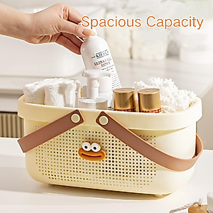 FlamingWind Large Shower Caddy Basket, Portable Plastic Storage Basket with Soft Silicone Handles for Soap and Shampoo, Shower Storage Organizer Tote for Bathroom, College Dorm (Cream)