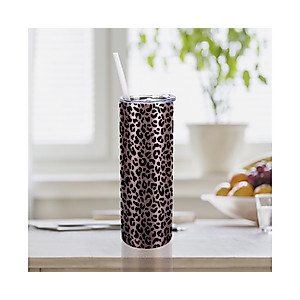 Elanze Designs Cheetah Animal Print Wrap-Around Design 20 Ounce Insulated Stainless Steel Coffee Travel Tumbler Mug Cup, Slide Top Lid & Reusable Straw, Bubblegum Pink Glitter