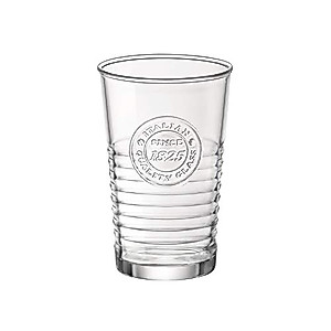 Bormioli Rocco Officina Water Glasses – Set Of 4 Clear Drinking Tumblers With Textured Ring Design & Vintage Stamp Logo – 11oz High Capacity Tall Cups For Soda, Juice, Milk, Coke, Beer, Spirits