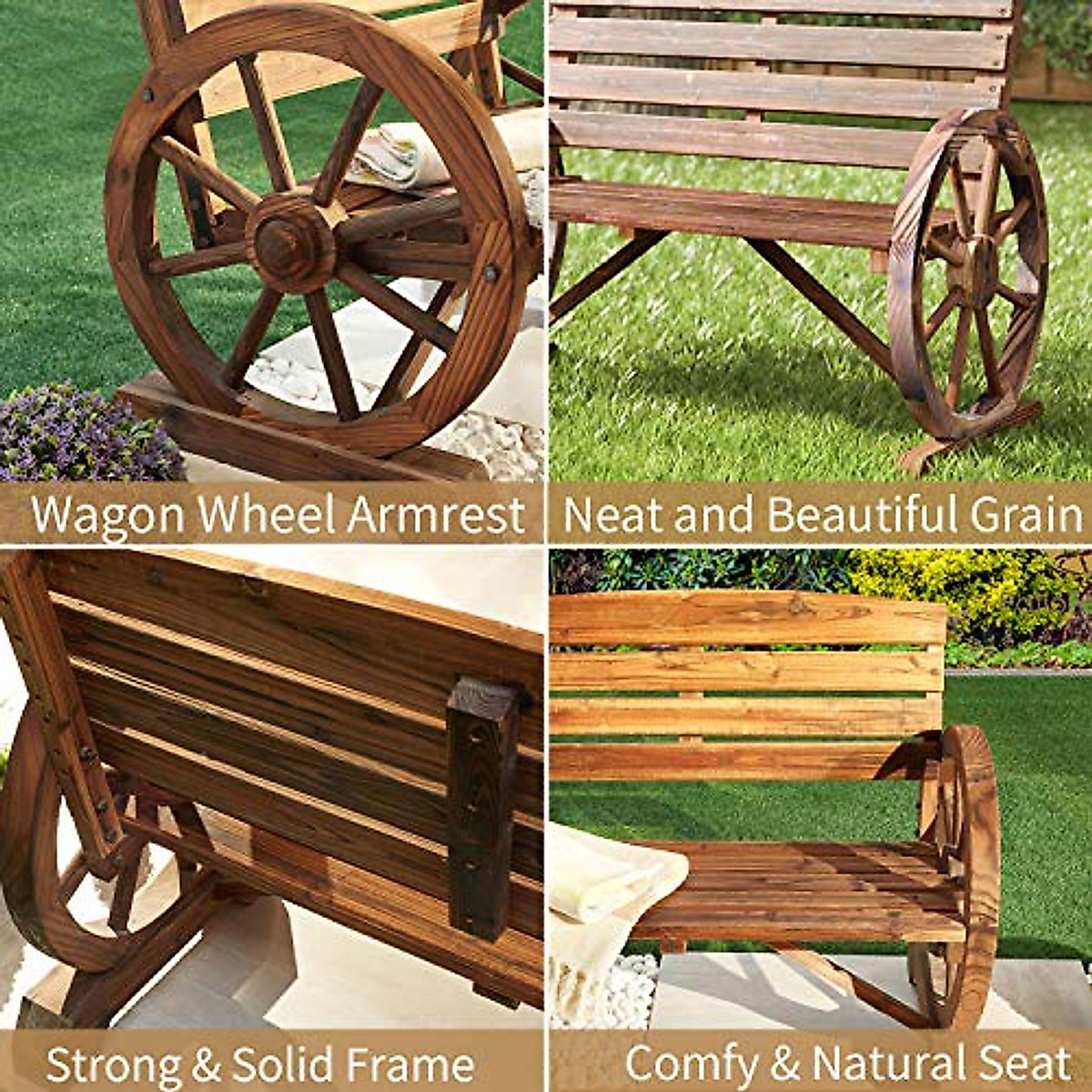PatioFestival Outdoor Bench Wooden Patio Porch Bench Wagon Wheel Design Rustic Bench for Garden,Porch,Yard(45" Lx21 Wx32 H)