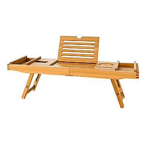 HBlife Bamboo Bathtub Caddy Tray with Extending Sides & Laptop Desk with Foldable Legs,Cellphone Tray and Wineglass Holder，Free Soap Holder (Natural)